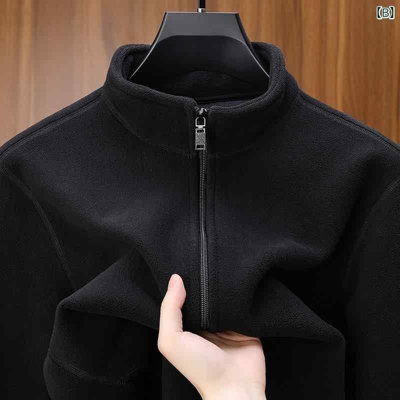 フリース メンズ 秋冬 加厚 立ち襟 カーディガン スウェット ビッグサイズ 紳士服 ブルゾン 無地 青 黒 黄色 グレー