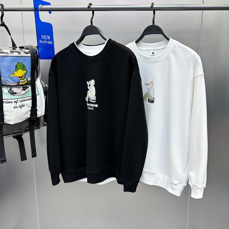 メンズ トレーナー カットソー 長袖 コットン 春秋 カジュアル トップス 男性用 ラウンドネック プリント ゆったり ホワイト ブラック