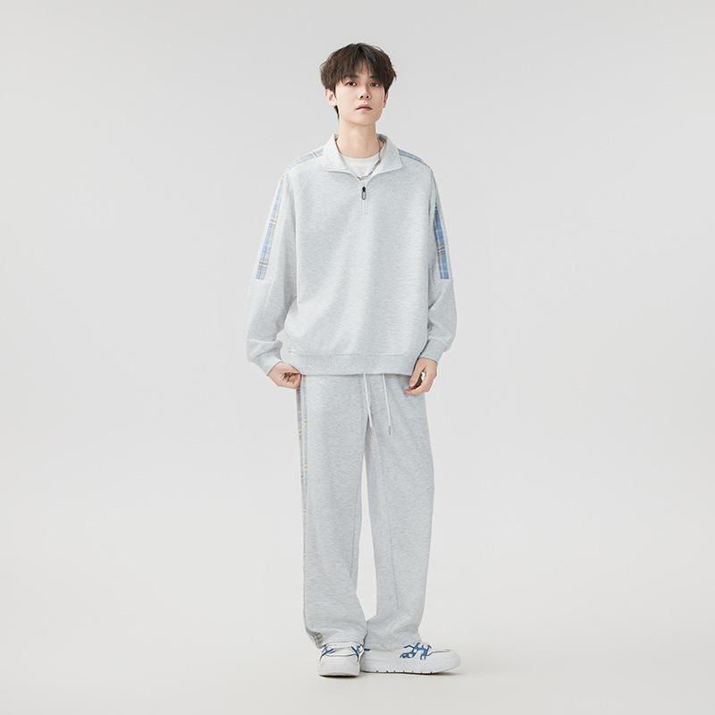 メンズ スウェット セットアップ 春物 薄手 長袖 トレーナー &amp; スウェットパンツ 上下セット 韓国 部屋着 ルームウェア 白花灰 紺 浅杏 黒