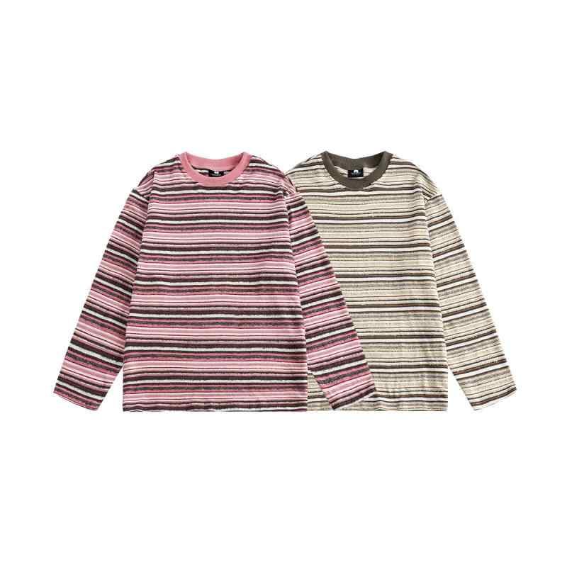 スウェット メンズ 配色 ストライプ柄 長袖 トレーナー プルオーバー トップス 男性用 日系 レトロスタイル 普段使い ピンク系 オフホワイト ポリエステル