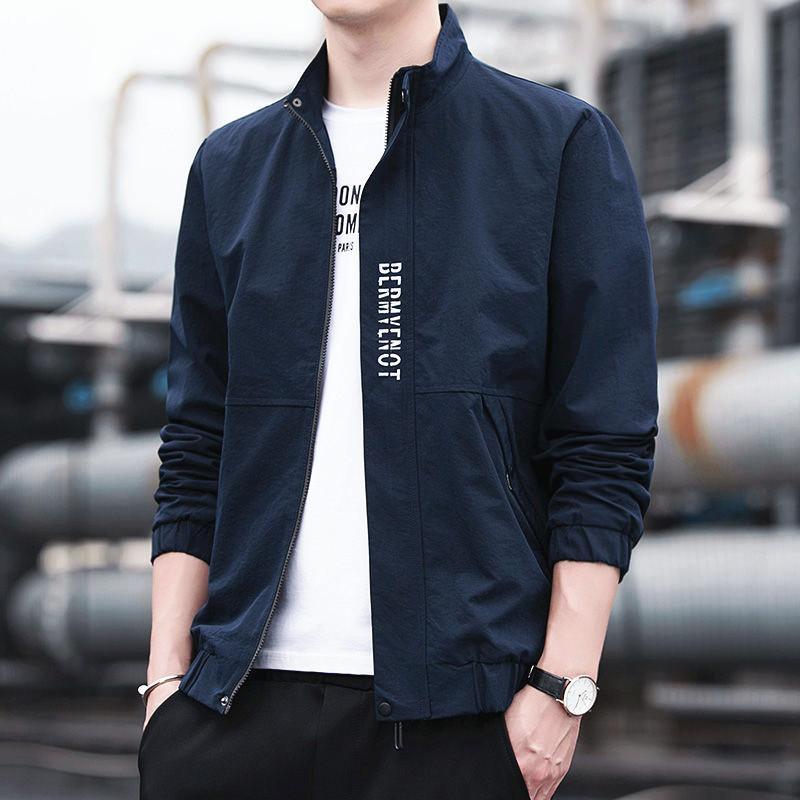 ジャケット 男性用 ブルゾン トップス カジュアル 無地 ポリエステル 立襟 ジップアップ ライトアウター ブラック系 ネイビー系 カーキ系