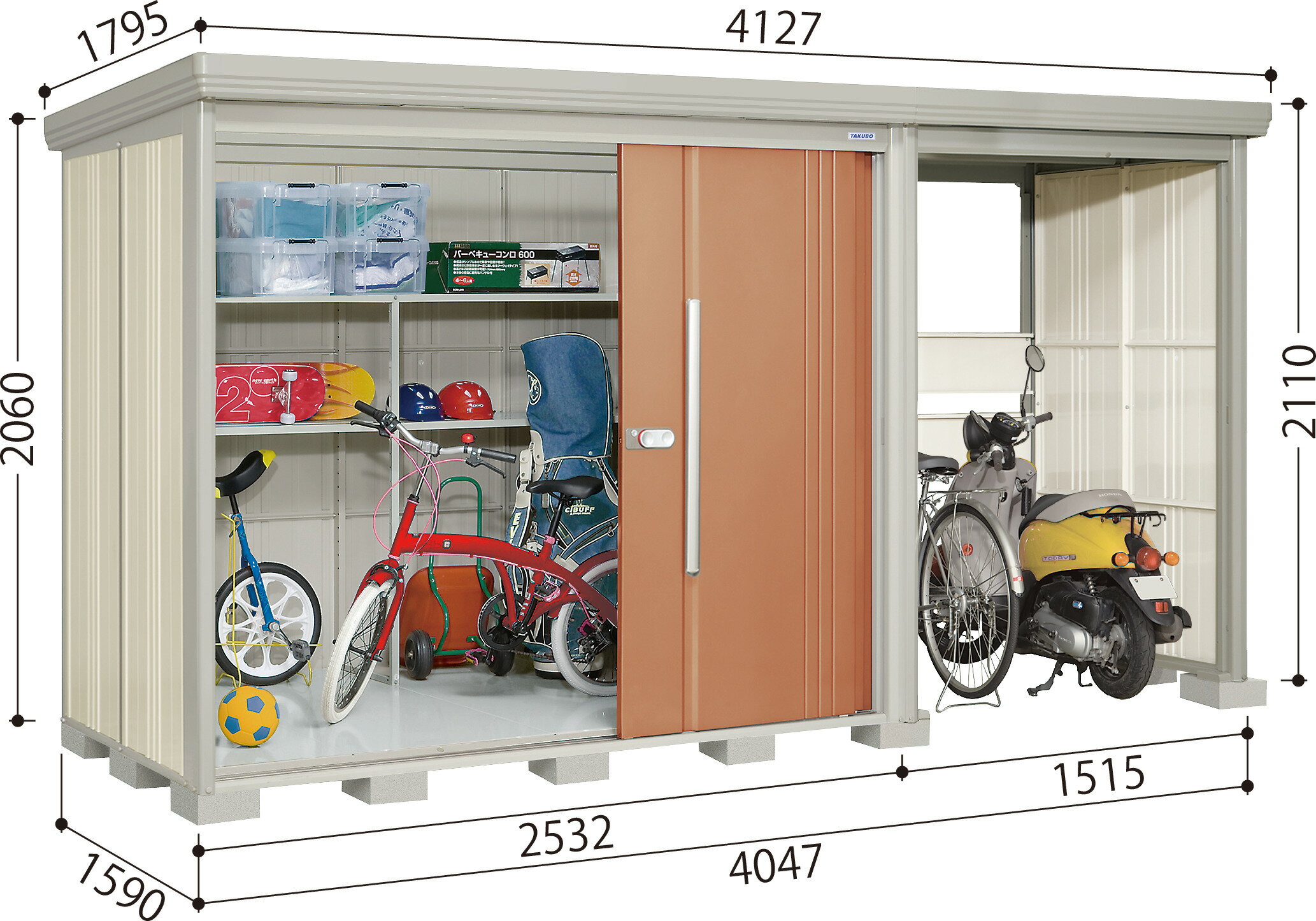 床サイズ：間口4047　奥行1590　高さ2110(mm)物置部内部寸法：間口2476　奥行1420(mm)　 開口部：間口1460　高さ1850(mm)開放部内部寸法：間口1444　奥行1420(mm)　 開口部：間口1376　高さ190...