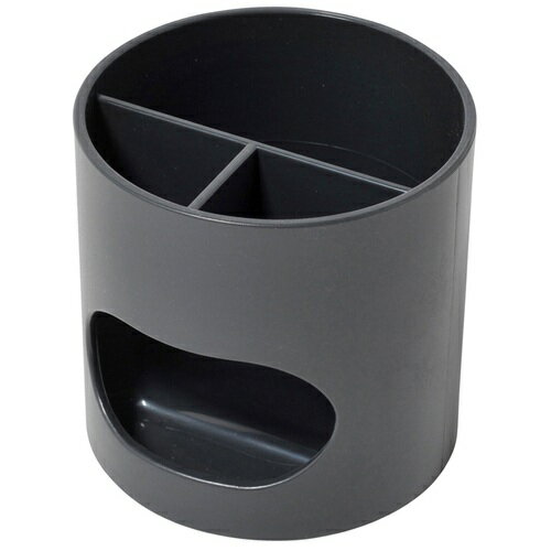 大きめのペンスタンド。小物用ポケット付きです。 ●外形寸法（幅）[mm]：100 ●外形寸法（奥）[mm]：100 ●外形寸法（高）[mm]：100 ●色：ダークグレー ●材質：本体＝ABS、中底＝ポリエチレンフォーム