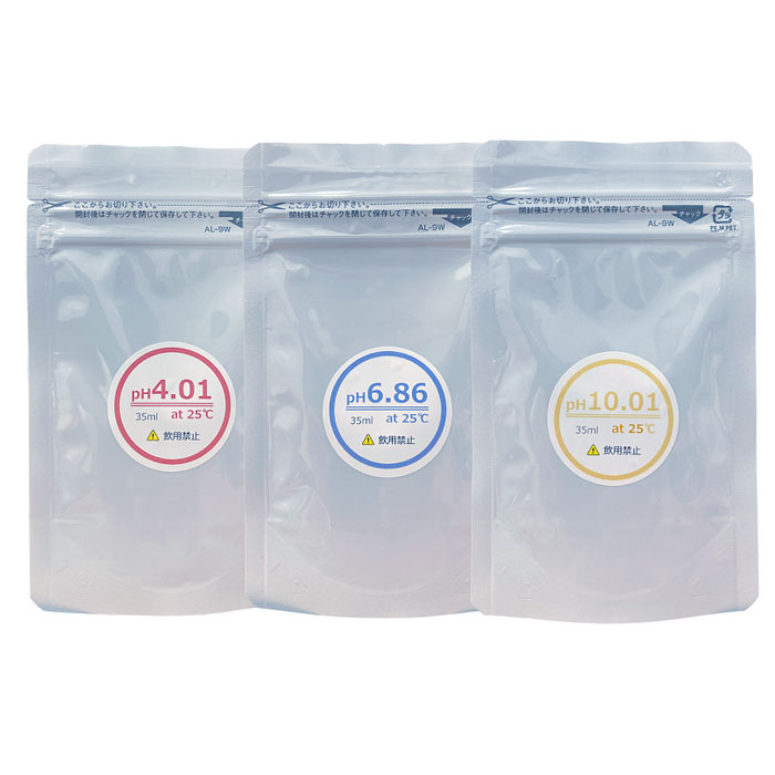商品詳細袋タイプのpH標準液です。35ml×3袋入り。（pH4.01、pH6.86、pH10.01が各1袋）●校正に適した量のpH標準液を袋に入れて使い易くしました。●頻繁に測定しない方におすすめです。●袋のまま電極を直接入れて使用可能です...