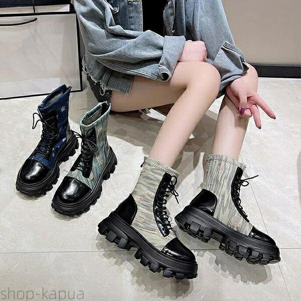 【商品紹介】 商品名：ショートブーツ 異素材 切り替え 面ファスナー 厚底 厚底ブーツ ハイカット ビジュアル系 ラウンドトゥ チャンキーヒール レースアップ 編み上げ 美脚 おしゃれ レディース 5cmヒール ローヒール 靴 個性的 歩き...