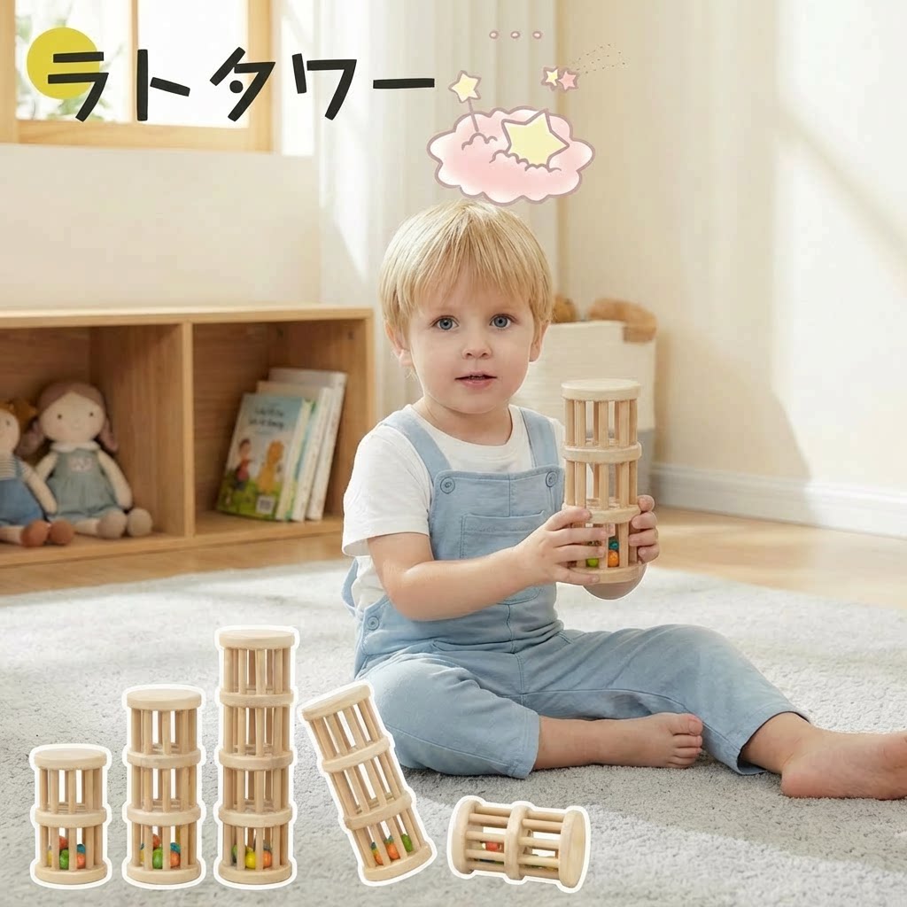 商品説明商品仕様商品名：ラトルタワー材質：木製重量：約440g(3段タイプ）対象年齢：6っか月ご注意ご注意ご注意・使用時の破損や事故等につきましては責任を負いかねます。・輸入品の為、輸送の際に生じるキズ・汚れ・箱潰れがある場合がございますが...