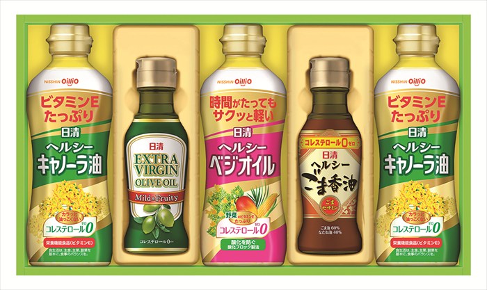 ■商品内容：日清ヘルシーキャノーラ油350g×2、日清ヘルシーベジオイル350g×1、日清エキストラバージンオリーブオイル145g×1、日清ヘルシーごま香油145g×1 ■パッケージサイズ：箱サイズ:219×382×65（80サイズ） ■賞...
