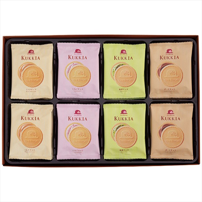 ■商品紹介：クッキーとゴーフレットでチョコをサンドした新食感のお菓子です。ゴーフレット・クッキー・チョコの3層の絶妙な味わいをお楽しみください。 ■商品内容：クッキア(ミルク・ダーク・いちご・抹茶各8枚) ■商品サイズ：34.7×4.8×2...