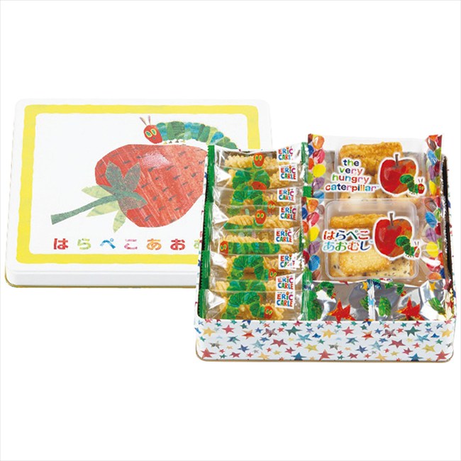 ■商品紹介：絵本「はらぺこあおむし」をモチーフにしたひねり揚げのギフトです、パッケージが絵本のページをめくるようです。 ■商品内容：ひねり揚げ(個包装)65g・おかき(個包装)30g・おかき19g×2個 ■商品サイズ：24×21×6cm(缶...