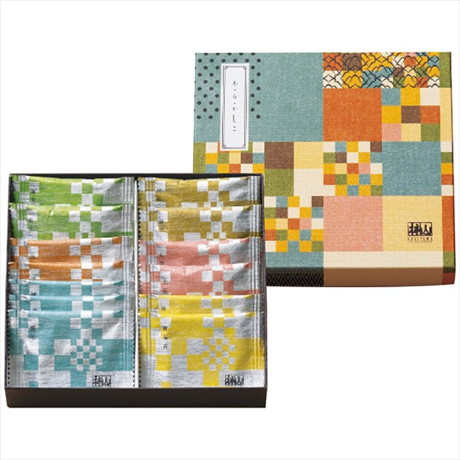 ■商品紹介：ひとくちサイズのおかき6種をすべて個包装にして詰合せました。醤油・青海苔、胡麻・海老・大豆・海苔巻とバラエティに富んだいます。カラフルな化粧箱のデザインは、日本の伝統工芸「寄木細工」をイメージしています。 ■商品内容：ひとくち慶...