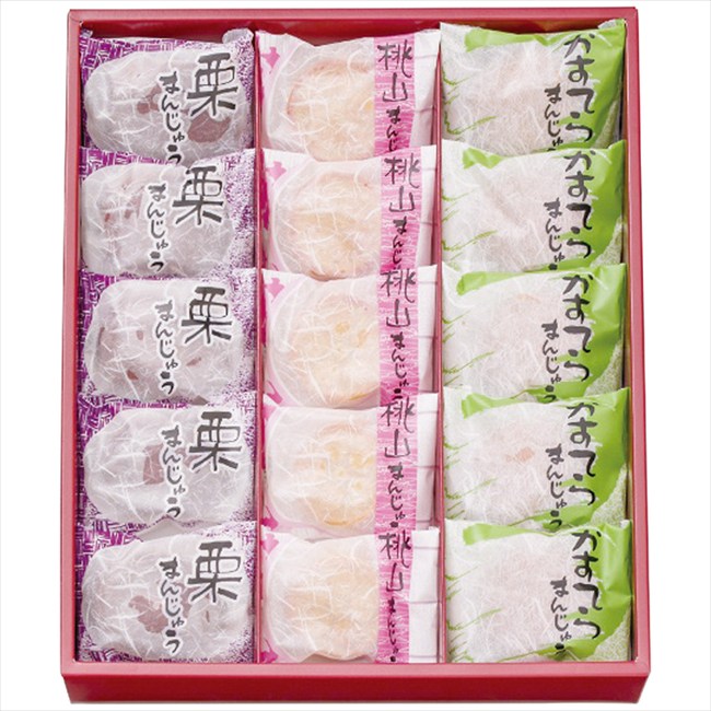 ■商品紹介：「栗まんじゅう」、「桃山」、「かすてらまんじゅう」、日本の代表的な伝統焼き菓子を三品詰め合わせた自信作です。 ■商品内容：まんじゅう(栗・桃山・かすてら各5個) ■商品サイズ：26.5×5×32cm ■商品重量：900g ■賞味...