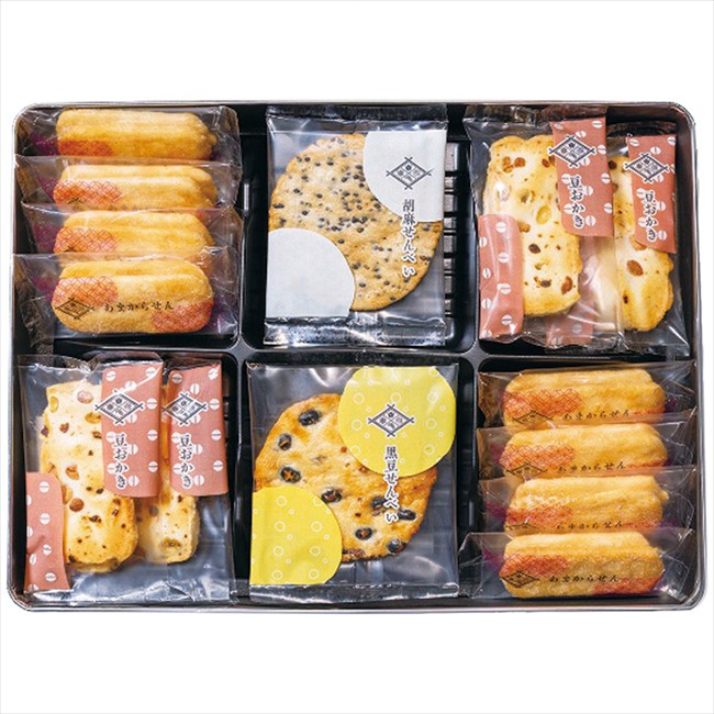 ■商品紹介：日本のお米にこだわり、精米したてのお米でしか出せない味と香りを実現。4種類の味わいが入った詰合せです。 ■商品内容：あまからせん(2枚入)8袋・黒豆せんべい(1枚入)・胡麻せんべい(1枚入)各3袋・豆おかき(1枚入)4袋 ■商品...