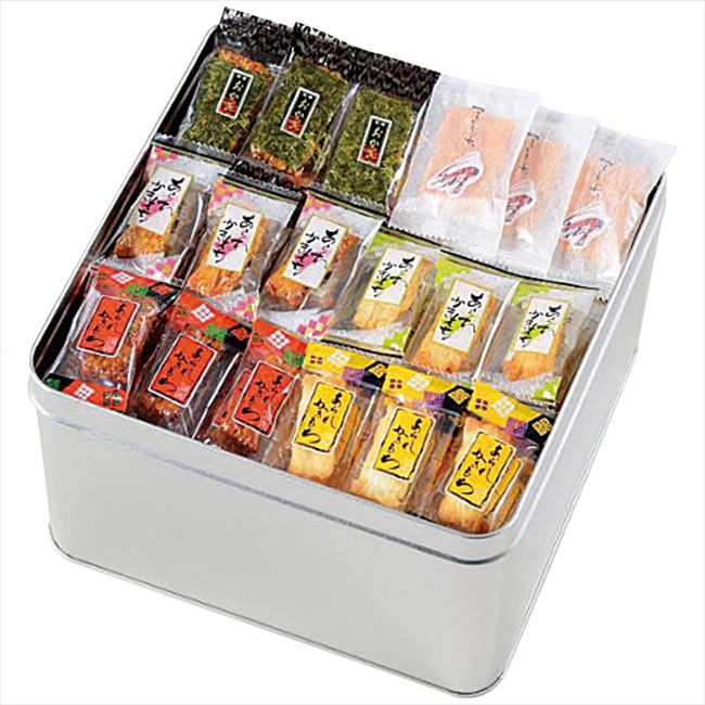■商品紹介：海苔巻きとえび焼もちとかき餅4種(醤油・七味・サラダ・うす醤油)をすべて個包装にした国産もち米100％使用の米菓の詰合せ商品です。缶入りとなっております。 ■商品内容：海苔巻き・えび焼もち各3枚・かき餅4種(醤油・七味・サラダ・...