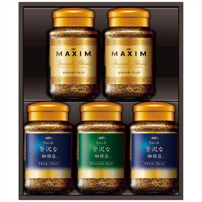 ■商品紹介：まずはストレートで楽しみたい「マキシム」や、産地によって特徴の違う深い香りとコクが愉しめる「ちょっと贅沢な珈琲店」をセットにした、インスタントコーヒーギフトです。 ■商品内容：ちょっと贅沢な珈琲店(ブラジルブレンド2瓶・キリマン...