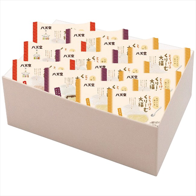 ■商品紹介：くちどけにこだわった「とろけるくりーむ大福」。手で持って食べることができないほどのとろける生地で、八天堂のクリームを包みました。カスタード、つぶあんカスタード、あまおう苺の3種のお味が楽しめます。 ■商品内容：とろけるくりーむ大...