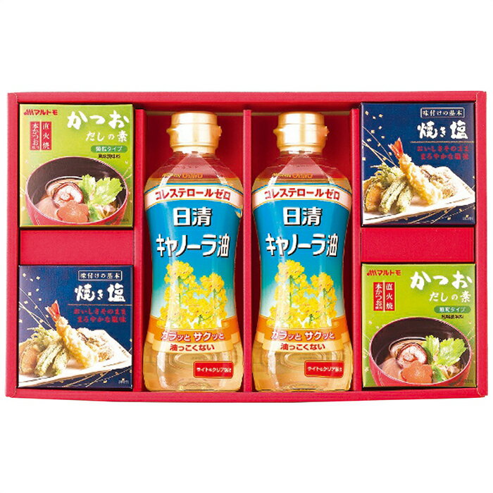 ■商品紹介：キャノーラ油、かつおだしの素、焼き塩など、いつもの料理の味わいを豊かにする調味料を詰合せた和食、洋食、中華と幅広く使って頂けるバラエティ調味料ギフトです。 ■商品内容：日清キャノーラ油350g×2本・マルトモかつおだしの素(4g...