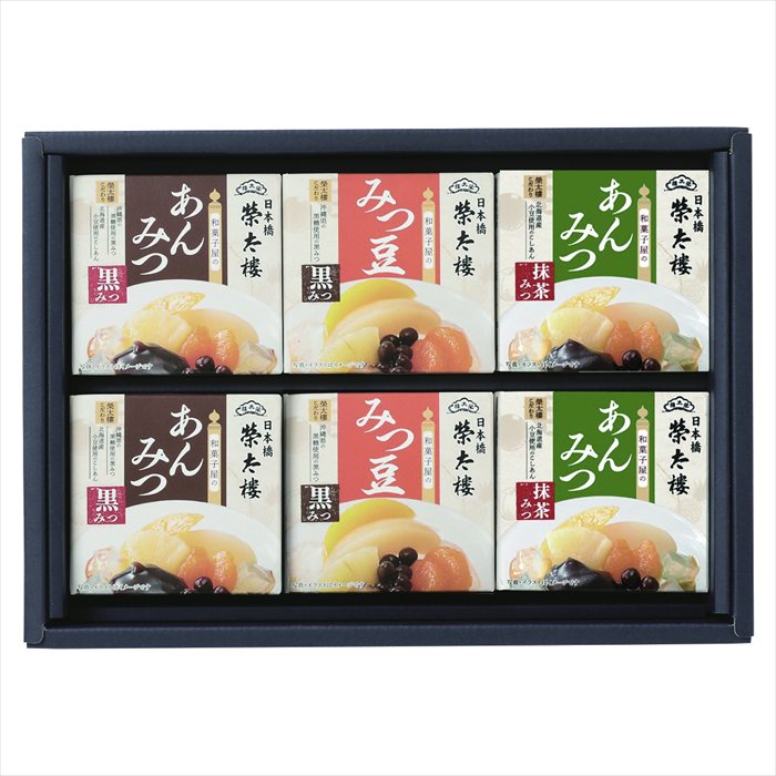 ■商品内容：和菓子屋のあんみつ（黒みつ）255g×2、和菓子屋のあんみつ（抹茶みつ）255g×2、和菓子屋のみつ豆（黒みつ）225g×2 ■パッケージサイズ：箱サイズ:215×310×85（80サイズ） ■賞味期限：製造後540日 ■アレル...