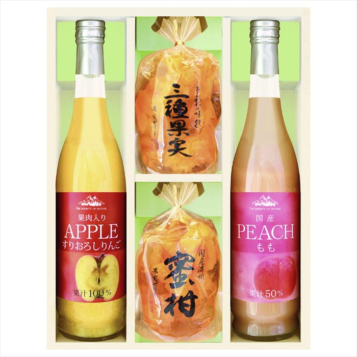■商品内容：信州産すりおろしりんごジュース・国産もも果汁入り飲料（果汁50%）各500ml×1、果実ゼリー350g×2（国産蜜柑・三種果実×各1） ■パッケージサイズ：箱サイズ:330×235×70（80サイズ） ■賞味期限：製造後365日...