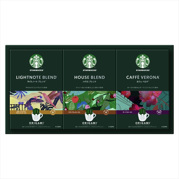 ■商品内容：スターバックス オリガミ パーソナルドリップ コーヒー9g×4P×3（ライトノート ブレンド・ ハウス ブレンド・ カフェ ベロナ×各1） ■パッケージサイズ：箱サイズ:164×319×87（60サイズ） ■賞味期限：製造後36...