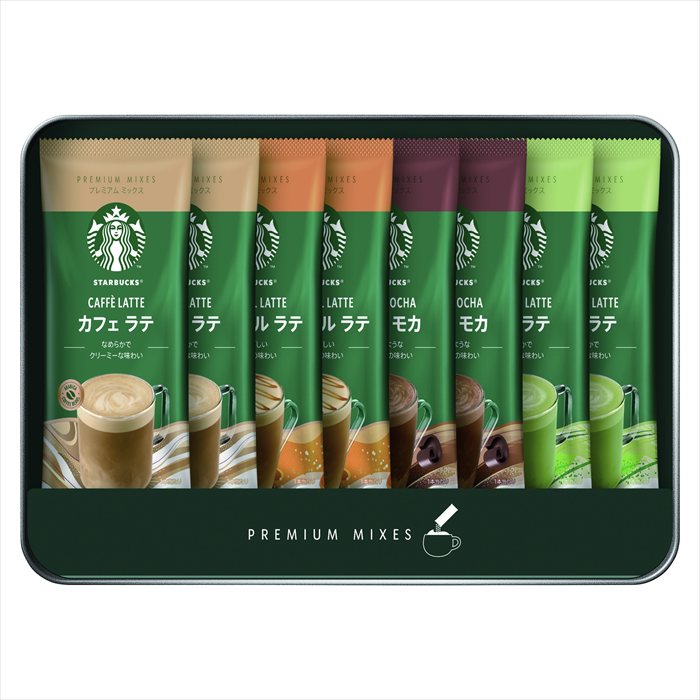 ■商品内容：スターバックス プレミアム ミックス×8（カフェラテ18g・キャラメルラテ23g・抹茶ラテ24g・カフェモカ22g×各2） ■パッケージサイズ：箱サイズ:163×226×32（50サイズ） ■賞味期限：製造後360日 ■アレルギ...