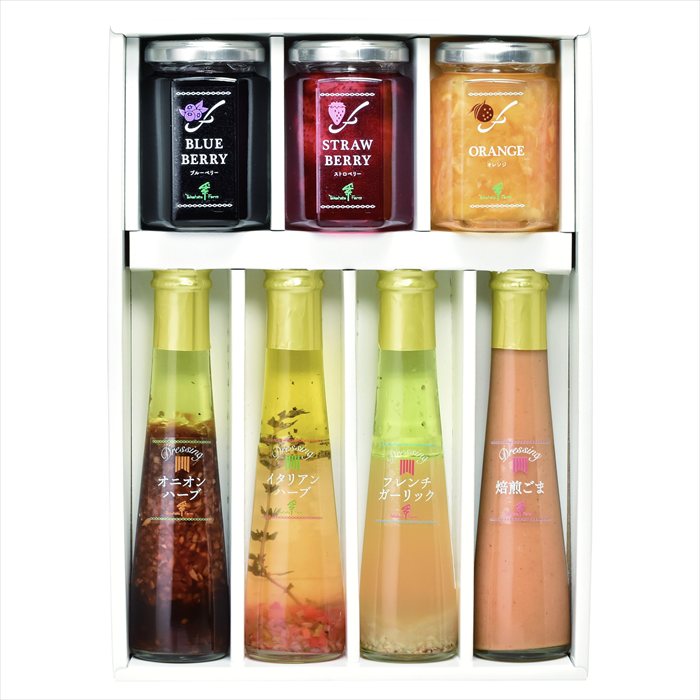 ■商品内容：ジャム145g×3（ブルーベリー・ストロベリー・オレンジマーマレード×各1）、ドレッシング122ml×4（オニオンハーブ・イタリアンハーブ・フレンチガーリック・焙煎ごま×各1） ■パッケージサイズ：箱サイズ:320×240×60...