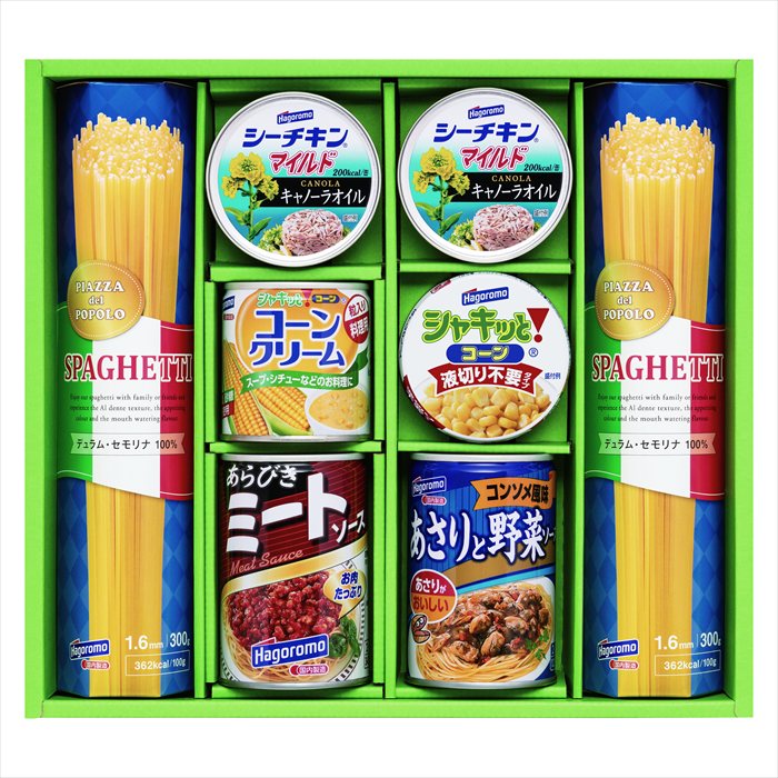 ■商品内容：スパゲティ300g（100g×3束）×2、シーチキンマイルドキャノーラオイル70g×2、シャキッとコーンクリーム180g×1、シャキッとコーン55g×1、あらびきミートソース290g×1、あさりと野菜ソースコンソメ風味290g×...