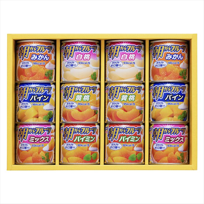 ■商品内容：朝からフルーツ190g（みかん・パイン・ミックス・白桃・黄桃・パイミン×各2） ■パッケージサイズ：箱サイズ:230×315×75（80サイズ） ■賞味期限：製造後1095日 ■アレルギー：もも メーカー希望小売価格はメーカーカ...