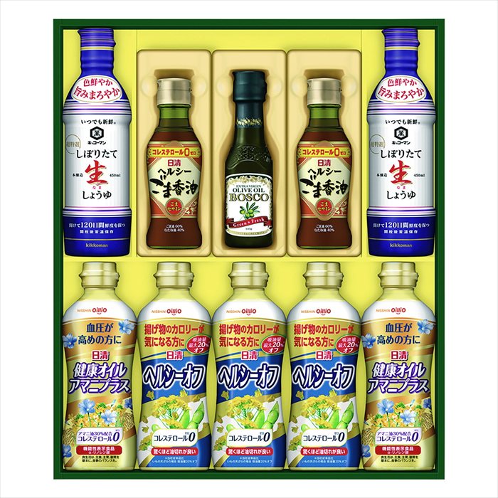 ■商品内容：日清ヘルシーオフ350gPET×3、日清健康オイルアマニプラス350gPET・日清ヘルシーごま香油145g瓶・キッコーマンしぼりたて生しょうゆ450mlPET×各2、ボスコエキストラバージンオリーブオイル140g瓶×1 ■パッケ...