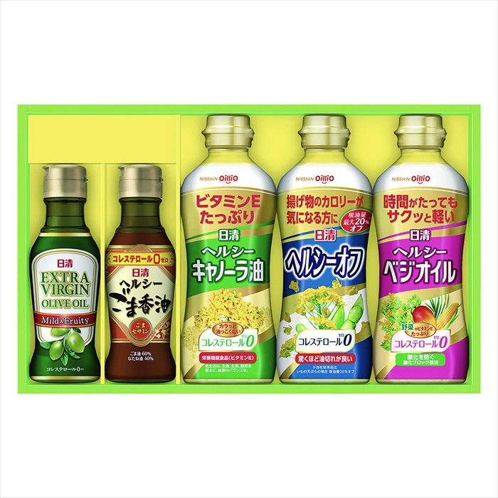 ■商品内容：日清ヘルシーキャノーラ油350gPET×2、日清ヘルシーベジオイル350gPET・日清ヘルシーオフ350gPET・日清エキストラバージンオリーブオイル145g瓶・日清ヘルシーごま香油145g瓶×各1 ■パッケージサイズ：箱サイズ...