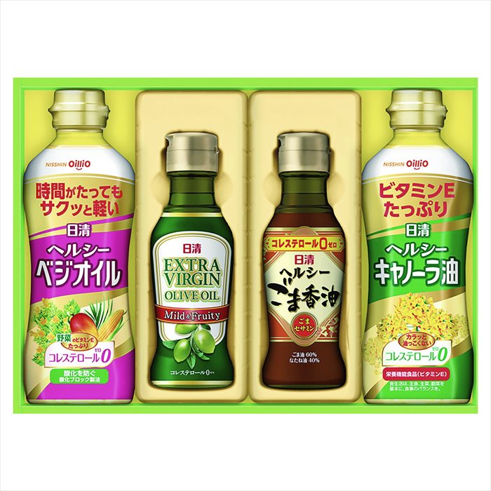 ■商品内容：日清ヘルシーベジオイル350gPET×1、日清エキストラバージンオリーブオイル145g瓶×1、日清ヘルシーごま香油145g瓶×1、日清ヘルシーキャノーラ油350gPET×1 ■パッケージサイズ：箱サイズ:219×311×65（6...