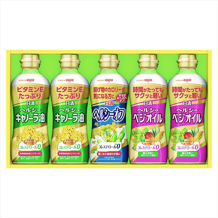 ■商品内容：日清ヘルシーキャノーラ油350gPET×2、日清ヘルシーオフ350gPET×1、日清ヘルシーベジオイル350gPET×2 ■パッケージサイズ：箱サイズ:216×378×58（80サイズ） ■賞味期限：製造後750日 ■アレルギー...