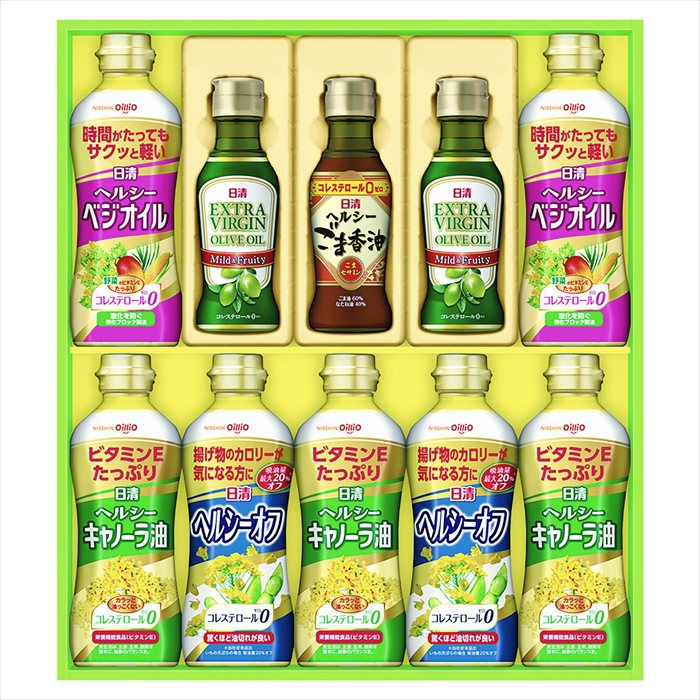 ■商品内容：日清ヘルシーキャノーラ油350gPET×3、日清ヘルシーオフ350gPET×2、日清エキストラバージンオリーブオイル145g瓶×2、日清ヘルシーごま香油145g瓶×1、日清ヘルシーベジオイル350gPET×2 ■パッケージサイズ...