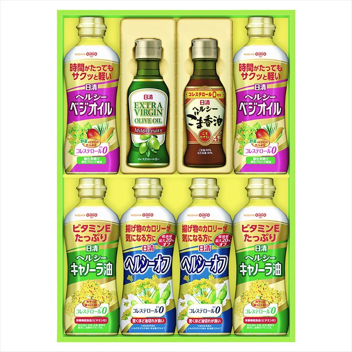 ■商品内容：日清ヘルシーキャノーラ油350gPET×2、日清ヘルシーオフ350gPET×2、日清エキストラバージンオリーブオイル145g瓶×1、日清ヘルシーごま香油145g瓶×1、日清ヘルシーベジオイル350gPET×2 ■パッケージサイズ...