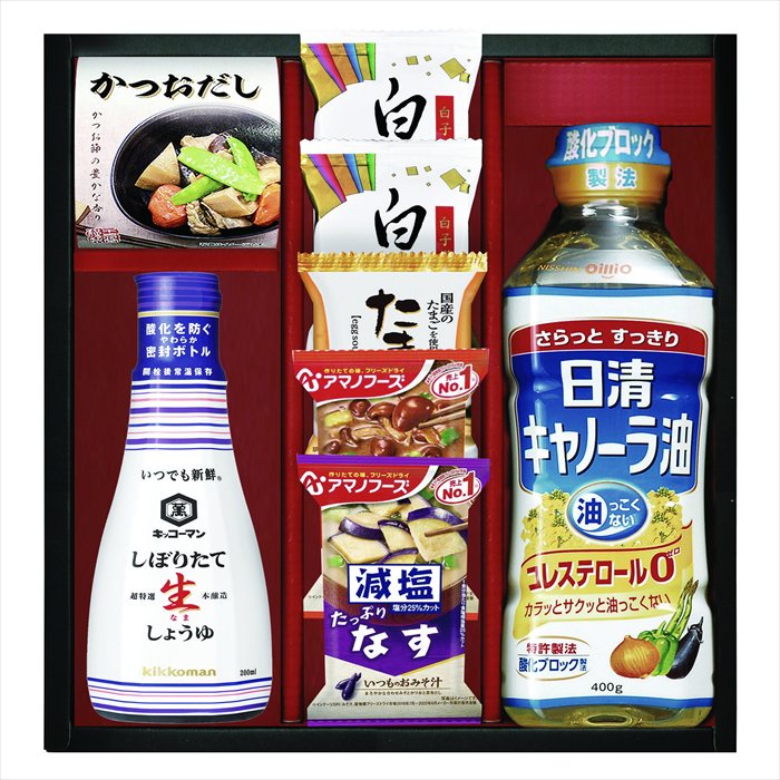 ■商品内容：日清キャノーラ油400g、キッコーマンしぼりたて生しょうゆ200ml、白子のり味のり（8切5枚）×2、アマノフーズ減塩いつものおみそ汁（なす9.0g・なめこ8.0g）、たまごスープ6.4g、シーラックかつおだし（4g×3） ■パ...