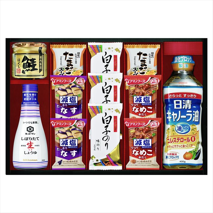 ■商品内容：日清キャノーラ油400g、キッコーマンしぼりたて生しょうゆ200ml、白子のり味のり（8切5枚）×3、アマノフーズ減塩いつものおみそ汁（なす9.0g・なめこ8.0g）×各2、たまごスープ6.4g×2、鮭ほぐし50g ■パッケージ...