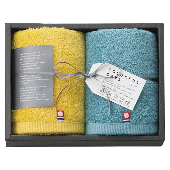 ■商品紹介：トレンドカラーのタオルとおしゃれなチャコールグレイの箱の組み合わせが洗練された印象を与える、モダンな雰囲気のタオルギフト。 ■商品内容：フェイスタオル（約330×750mm）×2 ■材質：綿100% ■重量：約330g ■原産国...