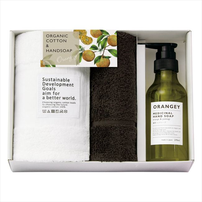 ■商品紹介：オレンジ&ハーブのこだわりフレーバーがふわっと香るハンドソープとオーガニックコットンタオルのおしゃれでやさしいギフトです。 ■商品内容：薬用ハンドソープ（約270ml）・フェイスタオル（約340×850mm）・ハンドタオル（約3...