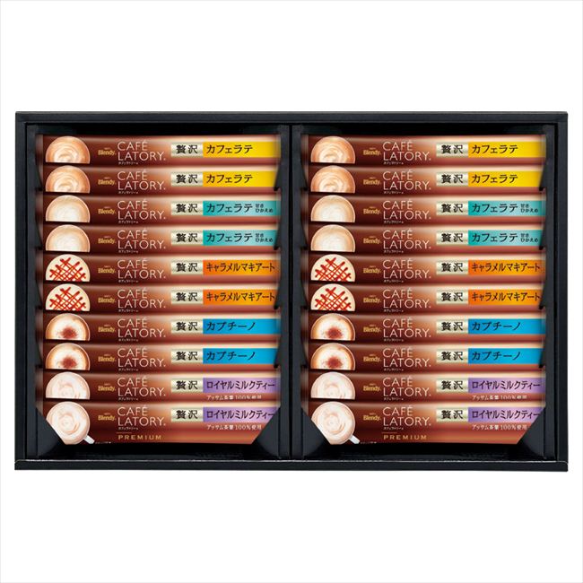 ■商品紹介：お湯を注ぐだけで簡単に作れるので毎日のブレイクタイムにぴったり。どなたにも喜ばれる贈りものです。 ■商品内容：贅沢カフェラテ（18g）・贅沢カプチーノ（18g）・贅沢キャラメルマキアート（18g）・贅沢カフェラテ甘さひかえめ（1...