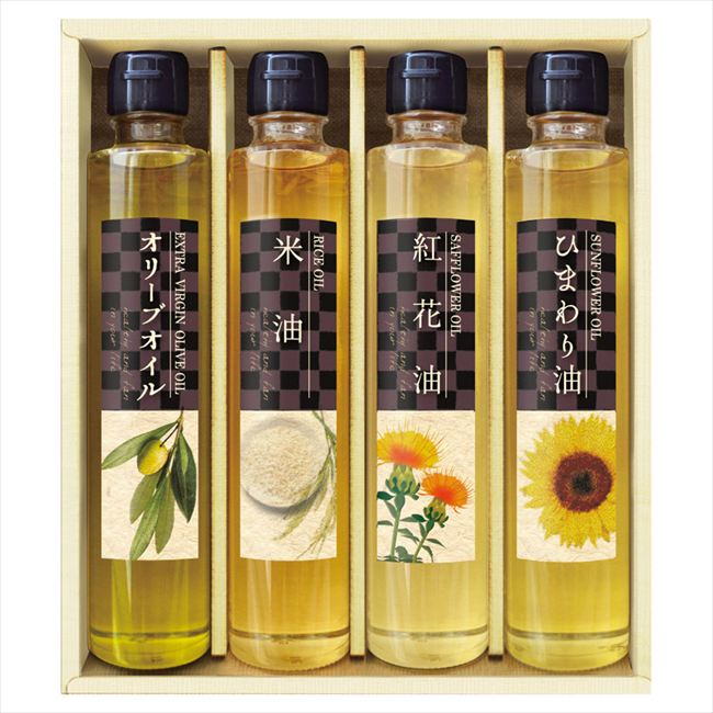 ■商品紹介：炒め物や風味付けなど、色々な料理にお使いいただけます。 ■商品内容：エクストラバージンオリーブオイル（165g）・紅花油（165g）・米油（165g）・ひまわり油（165g）×各1 ■材質： ■重量：約1.8 ■原産国： メーカ...