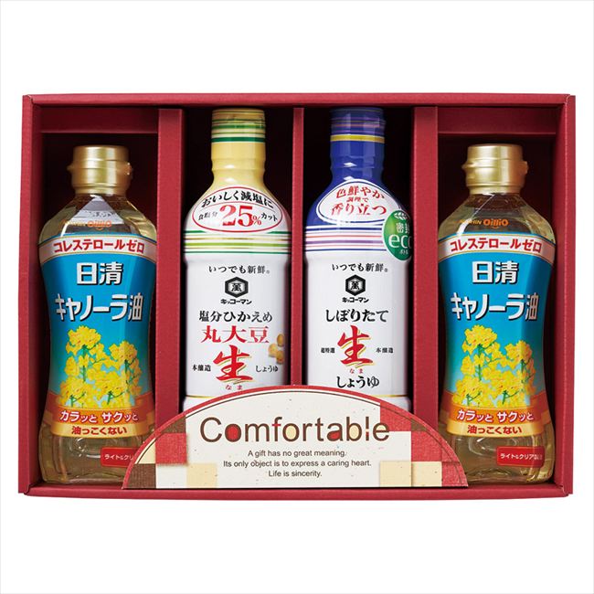 ■商品紹介：毎日の食卓にお役立ち、調味料ギフト。 ■商品内容：日清キャノーラ油（350g）×2、キッコーマンしぼりたて生しょうゆ（450ml）・キッコーマン塩分ひかえめ丸大豆生しょうゆ（450ml）×各1 ■材質： ■重量：約2.2 ■原産...