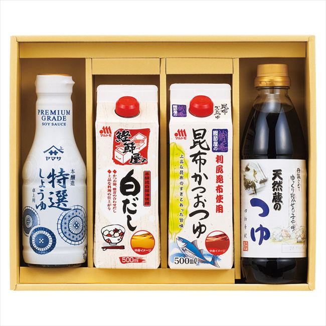 ■商品紹介： ■商品内容：ヤマサ卓上特選しょうゆ（360ml）・伊賀越天然蔵のつゆ（500ml）・マルトモ昆布かつおつゆ（500ml）・マルトモ鰹節屋の白だし（500ml）×各1 ■材質： ■重量：約2.6 ■原産国： メーカー希望小売価格...
