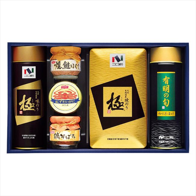 ■商品紹介：九州有明海産の上質な海苔「極」の焼のりと味のりを詰合せました。こだわりの逸品ギフトです。 ■商品内容：味のり丸缶10袋詰（8切5枚）・焼のり半裁缶2袋詰（2切7枚）・のり茶漬け缶（6.4g×8袋）・紅ずわいがにほぐし身（55g）...