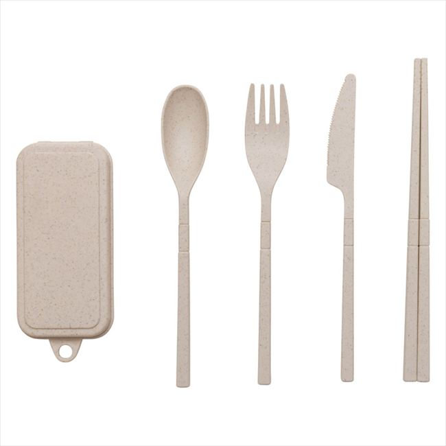 ■商品紹介：小麦わらを配合した環境にやさしい商品です。 ■商品内容：ケース（約125×55×22mm）・箸・ナイフ・スプーン・フォーク×各1 ■材質：PP・小麦わら ■重量：約70g ■原産国：中国製 メーカー希望小売価格はメーカーカタログ...