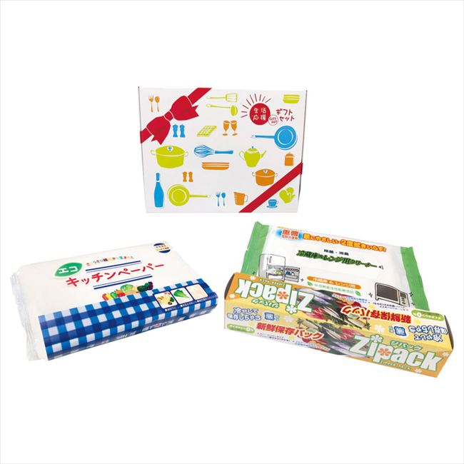 ■商品紹介：チャック付保存袋・キッチンペーパー・クリーナーの家庭消耗品3点セット。 ■商品内容：ジパック新鮮（5P）・キッチンペーパー（50入）・クリーナー（5入）×各1 ■材質：PE・パルプ・不織布・バガス ■重量：約186g ■原産国：...