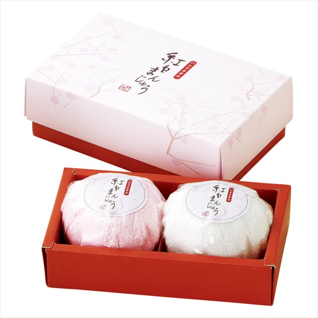 ■商品紹介：お饅頭に見立てた国産ハンドタオルセット。紅白で記念品やお祝いにぴったりです。 ■商品内容：本体（約280×280mm）×2 ■材質：綿100% ■重量：約100g ■原産国：日本製 メーカー希望小売価格はメーカーカタログに基づい...