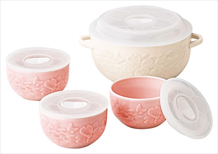 ■商品紹介： ■商品内容：レンジ(S)/径9.5×H6(230ml)×3 レンジ(L)/16×19×H10(1)×1 磁器 蓋/ポリプロピレン・シリコーン ■パッケージサイズ：20×26.5×11（cm） ■原産国：本体:日本、蓋:中国 ■...