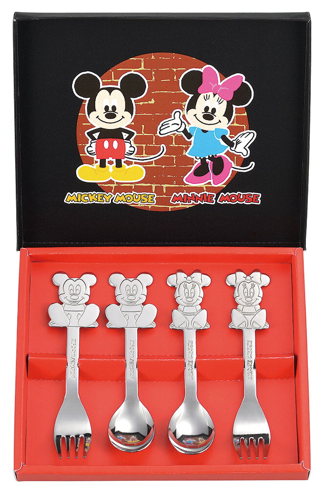 ■商品紹介：ミッキー＆ミニーデザインのカトラリーセット。 ■商品内容：スプーン/13.3cm・フォーク/14cm×各2 ステンレススチール 化粧箱/18.8×16.3×2cm　原産国：日本 カトラリー,スプーン,フォーク,キャラクター,ディ...