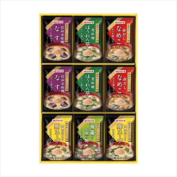 ■商品紹介内容/みそ汁なす:8.5g×2・みそ汁なめこ:6.6g×2・みそ汁ほうれん草:8.7g×2・スープ（卵）:7.6g×2・海藻のお吸い物:4g×1《卵・小麦》 ■パッケージサイズ：箱寸/367×227×35 ■重量：約245g メー...