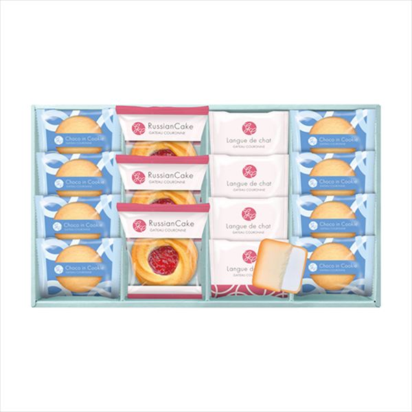 ■商品紹介内容/ロシアケーキブルーベリーサン×3・ラングドシャ×4・チョコインクッキー×8《卵・乳・小麦》 ■パッケージサイズ：箱寸/193×347×42 ■重量：約430g メーカー希望小売価格はメーカーカタログに基づいて掲載しています ...