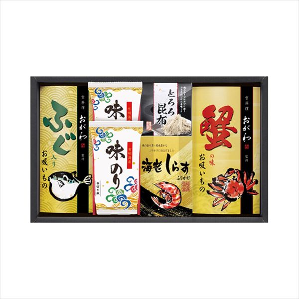 ■商品紹介内容/蟹の味お吸いもの:3.8g×3袋×1・ふぐ入りお吸いもの:3.2g×3袋×1・とろろ昆布:1.5g×3袋×1・海老しらすふりかけ:3g×3袋×1・有明海産味のり:8切5枚×2《乳・小麦・えび・かに》 ■パッケージサイズ：箱寸...